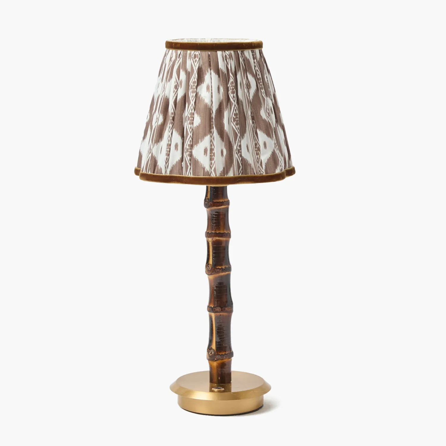 Mrs. Alice Burnt Bamboo Rechargeable Lamp with Chocolate Ikat Shade (18cm)