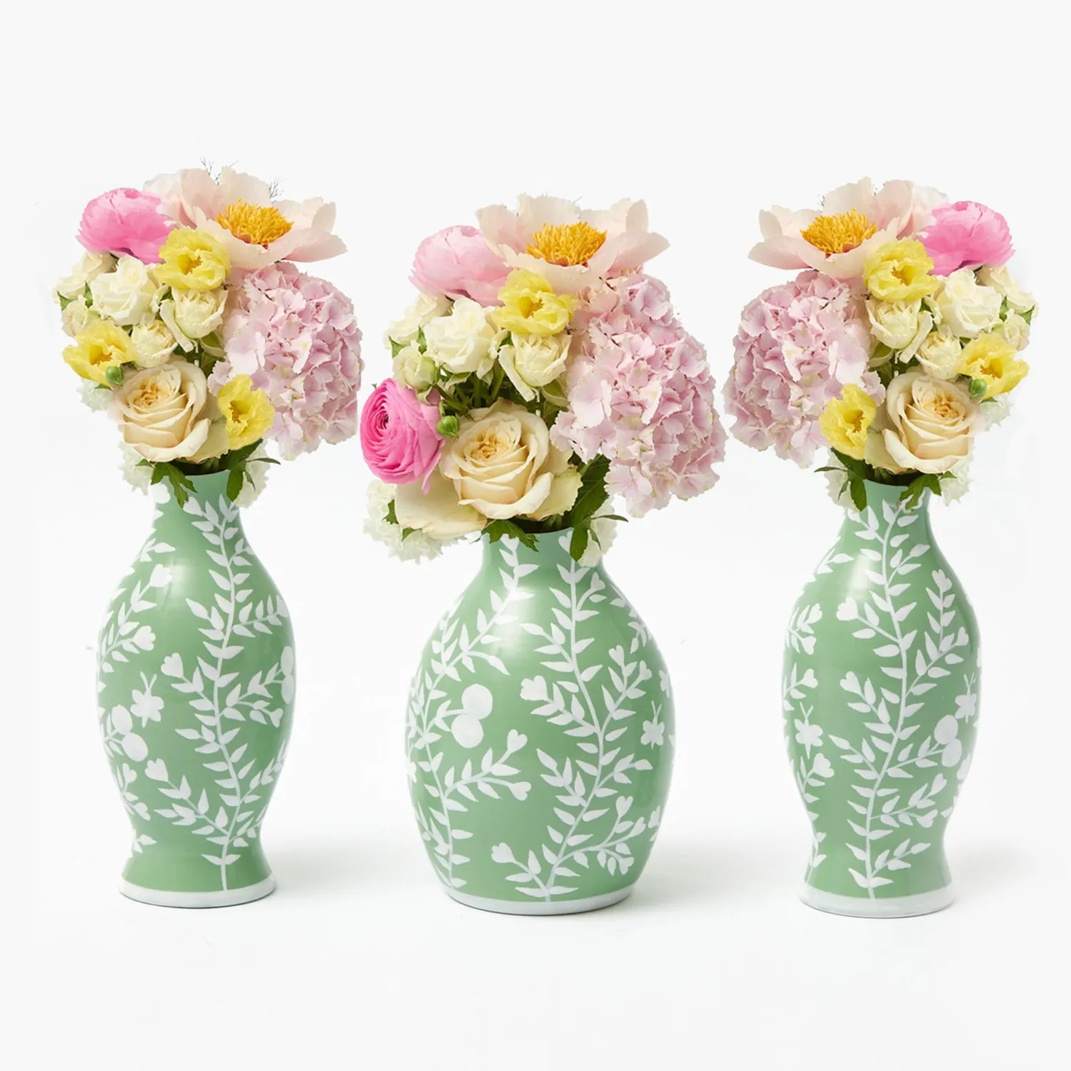 Mrs. Alice Soft Green Hand Painted Tole Bud Vases (Set of 3)